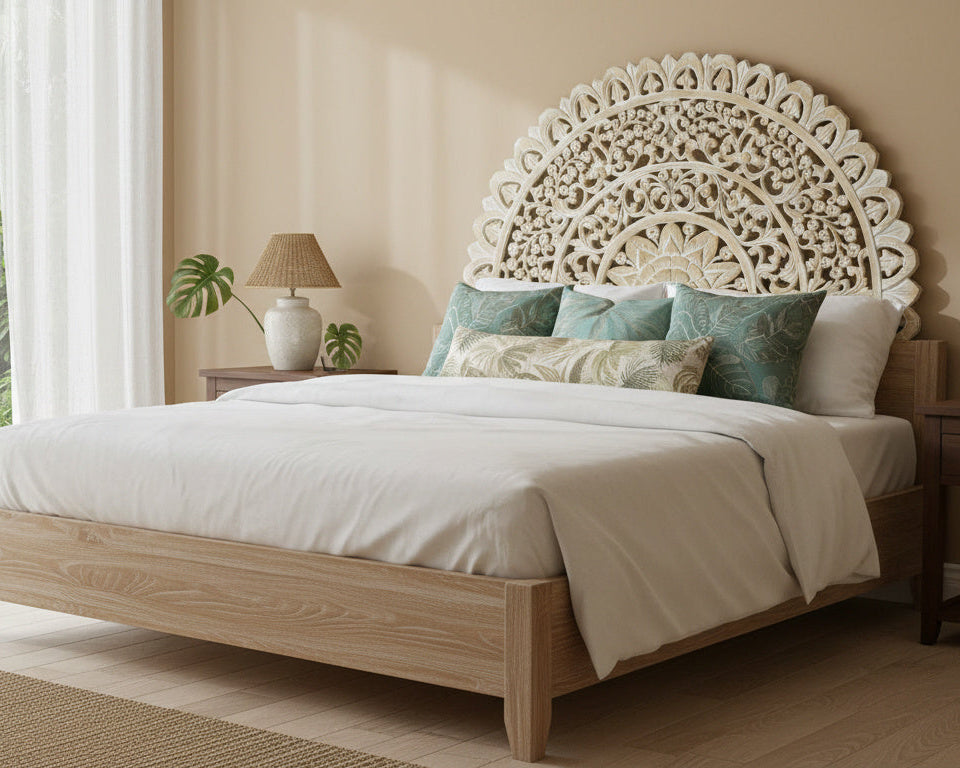 Half-moon Carved Bed headboard 'Semanggi' in Antic Wash – Kulture Home ...